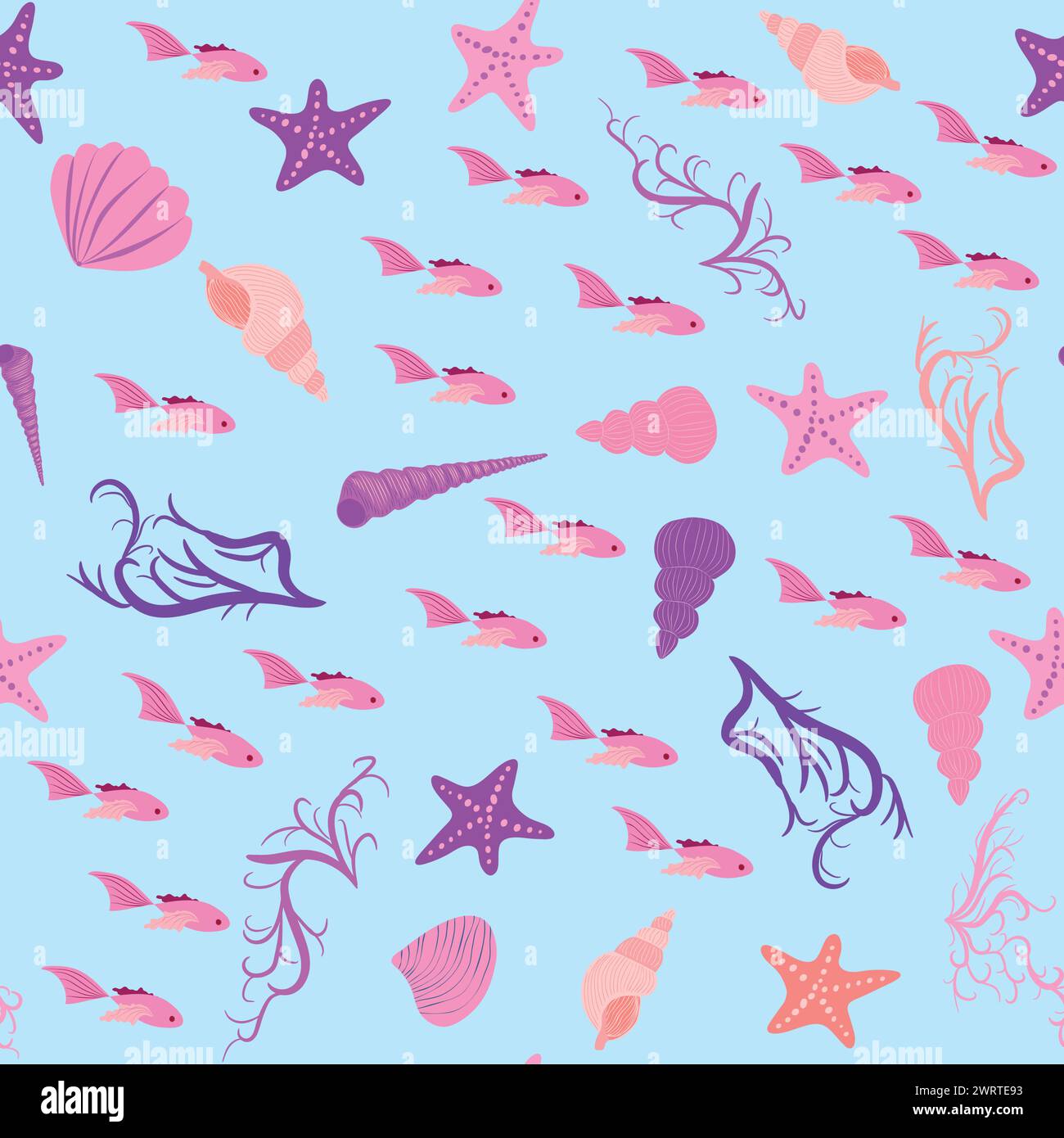 Pink Seamless pattern with starfish, corals, pearls and shells. Vector ...