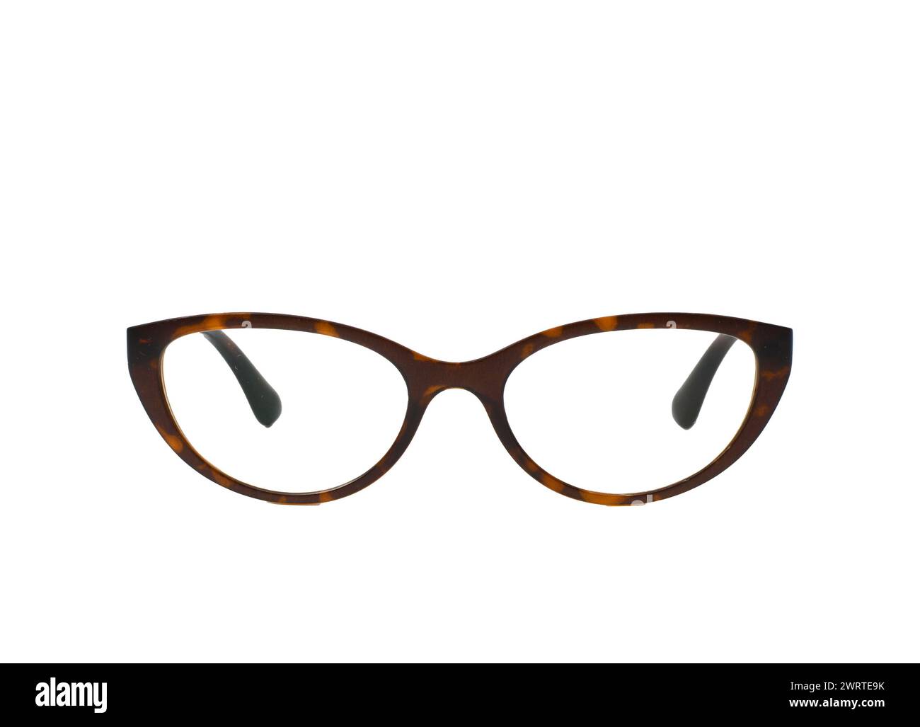 Front View Ofa Pair Of Cat Eye Shape Glasses With A Brown Tortoiseshell Colour Frame On A Plain