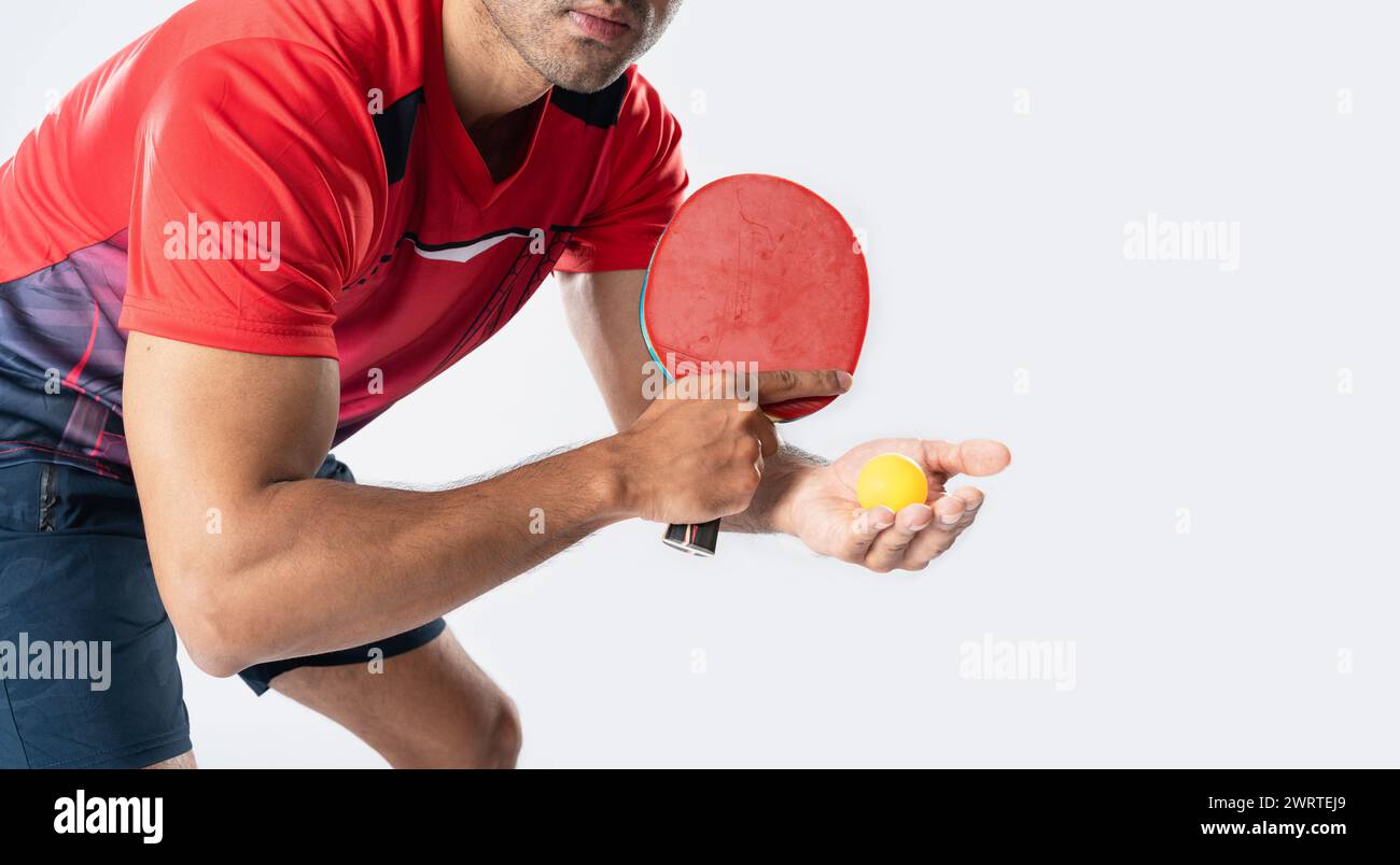 Portrait of sports man male athlete playing table tennis isolated on ...