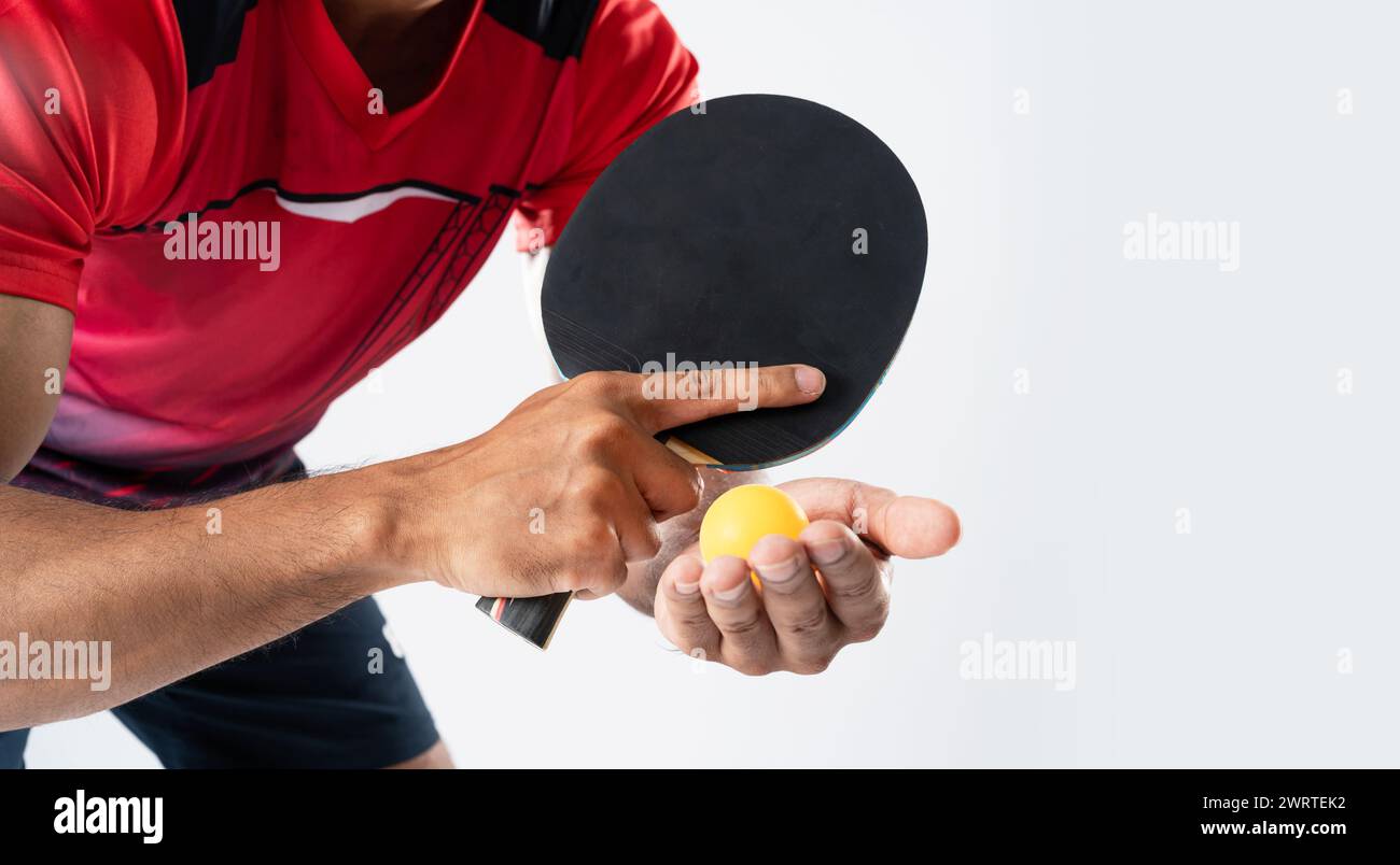 Portrait of sports man male athlete playing table tennis isolated on ...