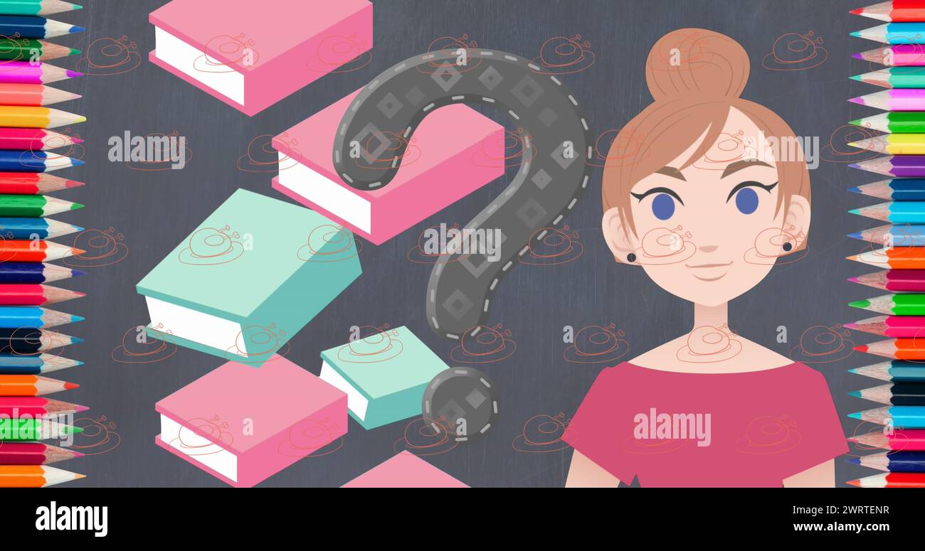 Image of question mark over teacher and books icons Stock Photo - Alamy