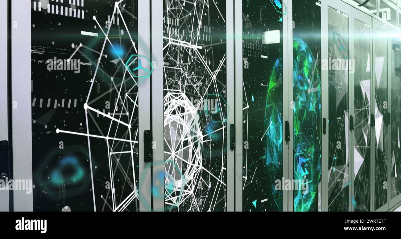 Image of multiple icons, connected dots and globe over data server ...