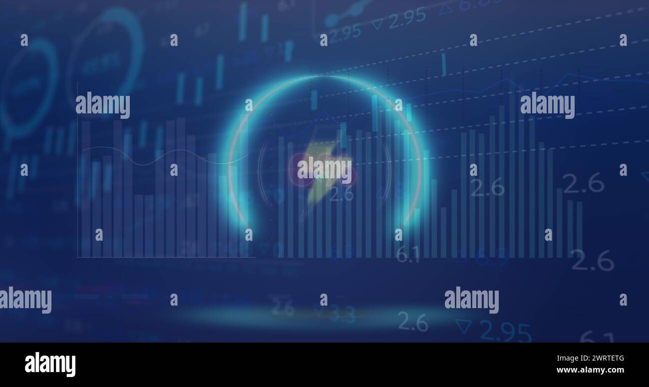 Image Of Thunder Icon In Circle Over Multiple Graphs And Trading Board