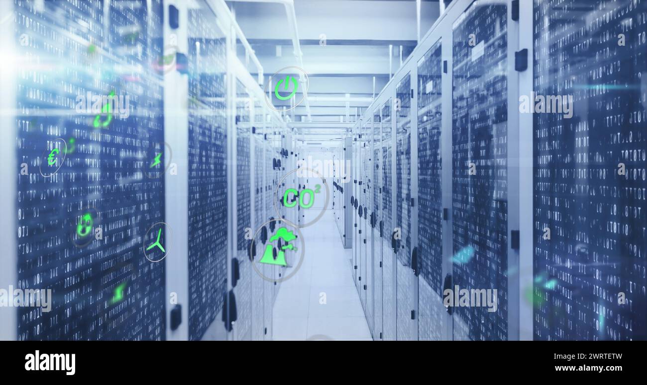 Image Of Icon In Circles Over Binary Codes On Data Server Racks In