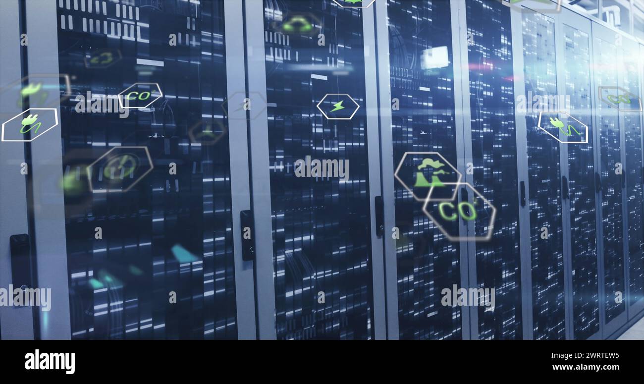 Image of multiple icons with lens flares over bars on data server racks ...