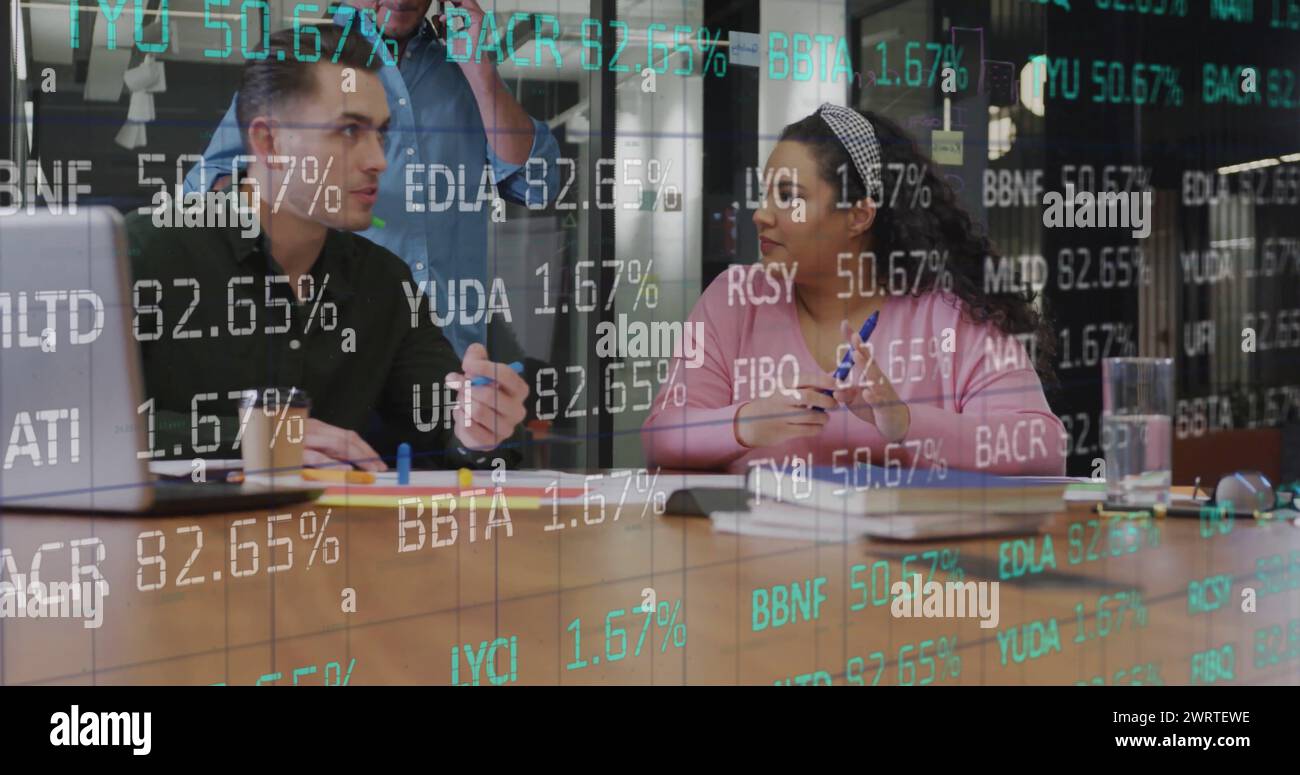 Image of stock market over diverse colleagues discussing work in office ...