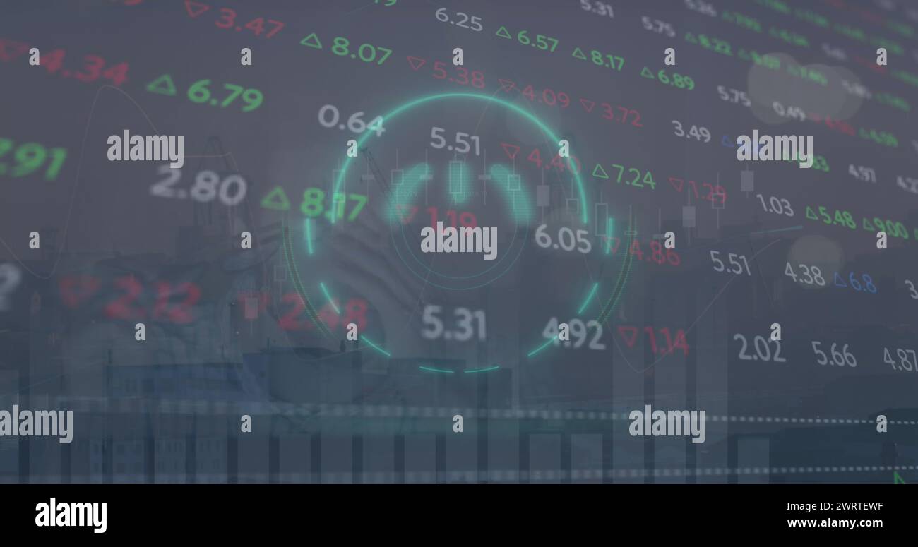 Image of power button over trading board, graphs, caucasian man working ...