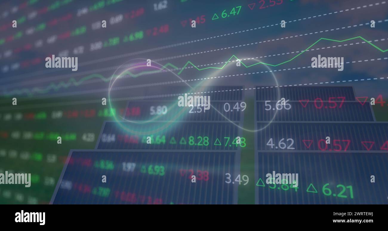 Image of infinity symbol and trading board over solar panels on green ...