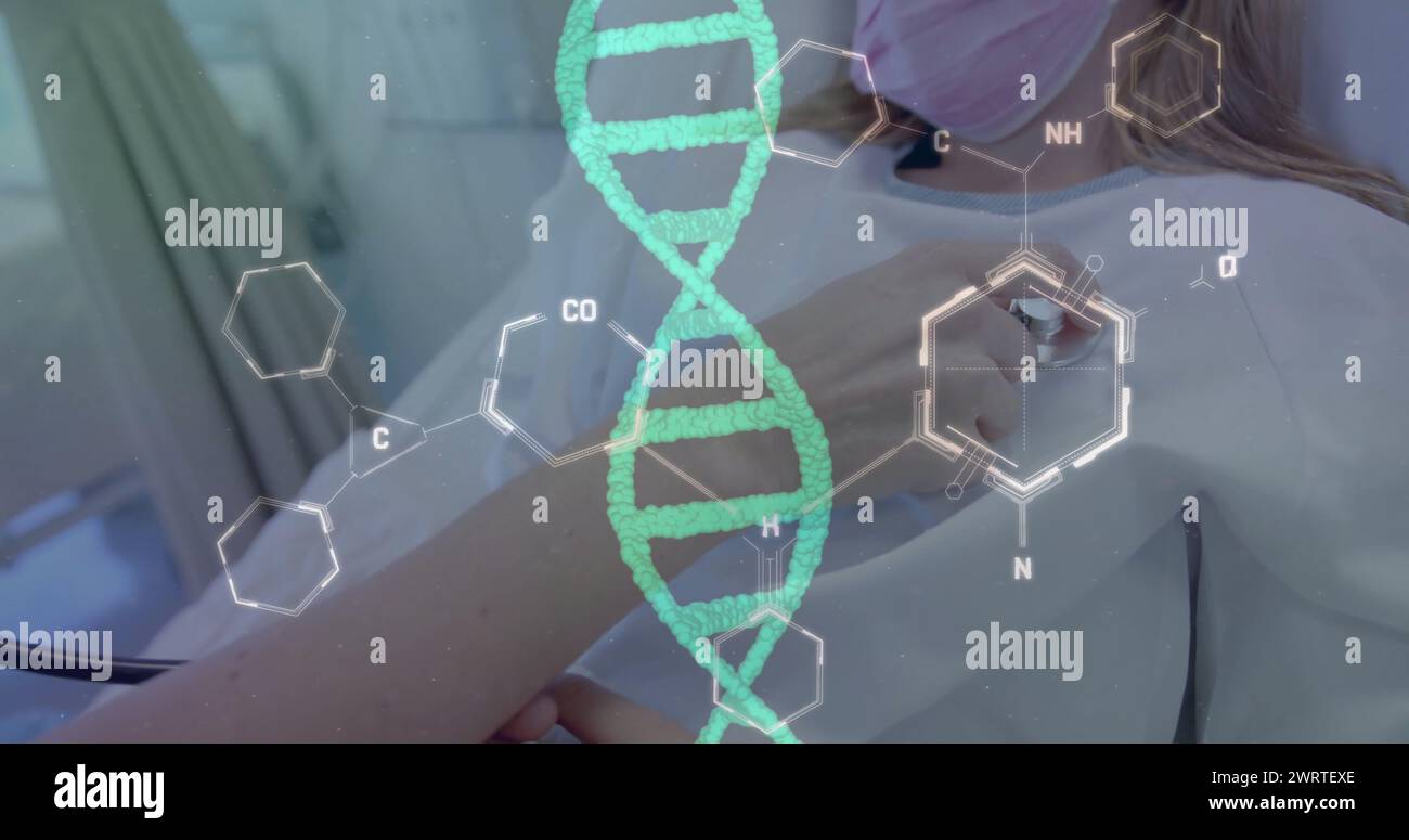 Image of dna strand and data processing over caucasian female doctor ...