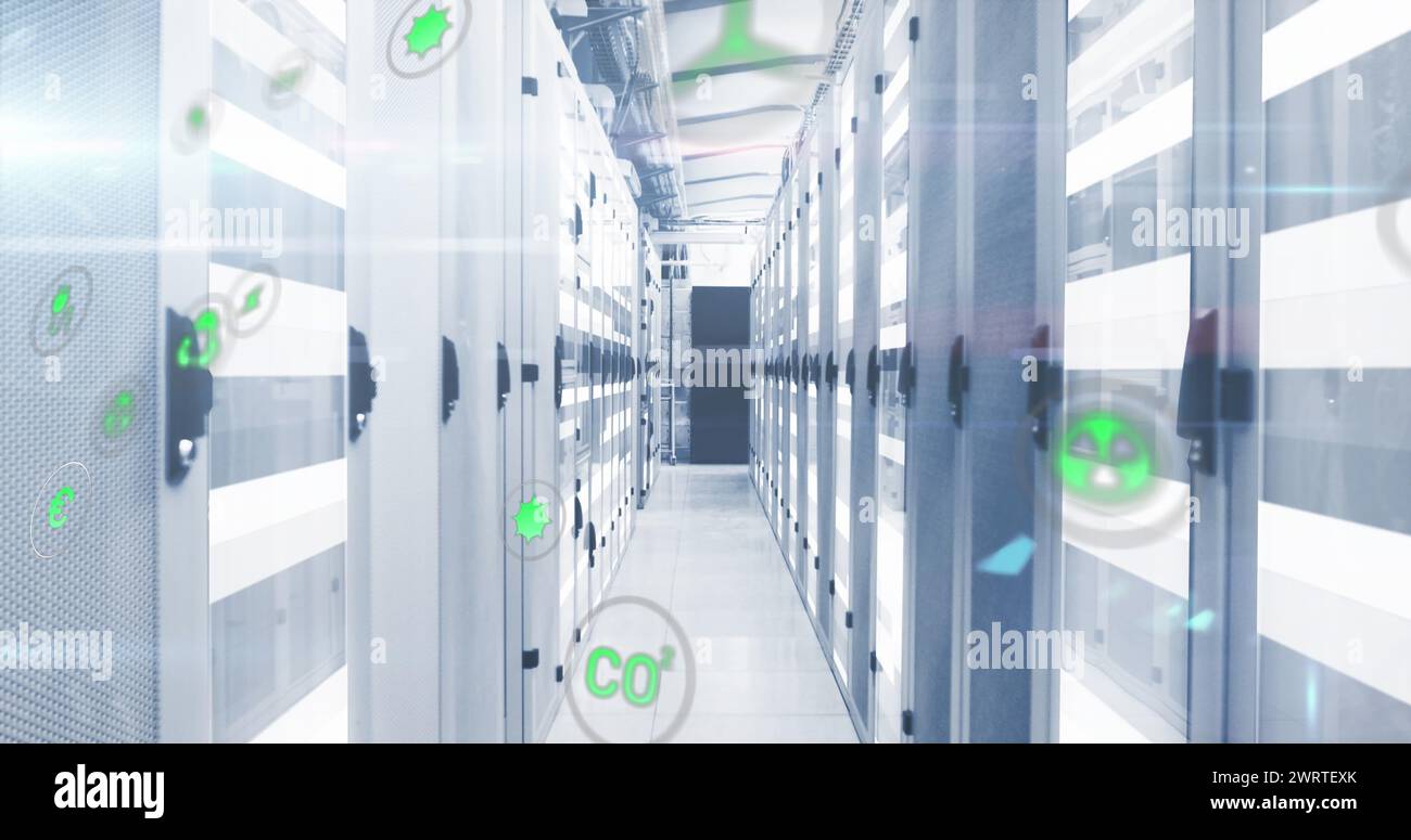 Image of icon in circles over moving bars on data server systems in server room Stock Photo - Alamy