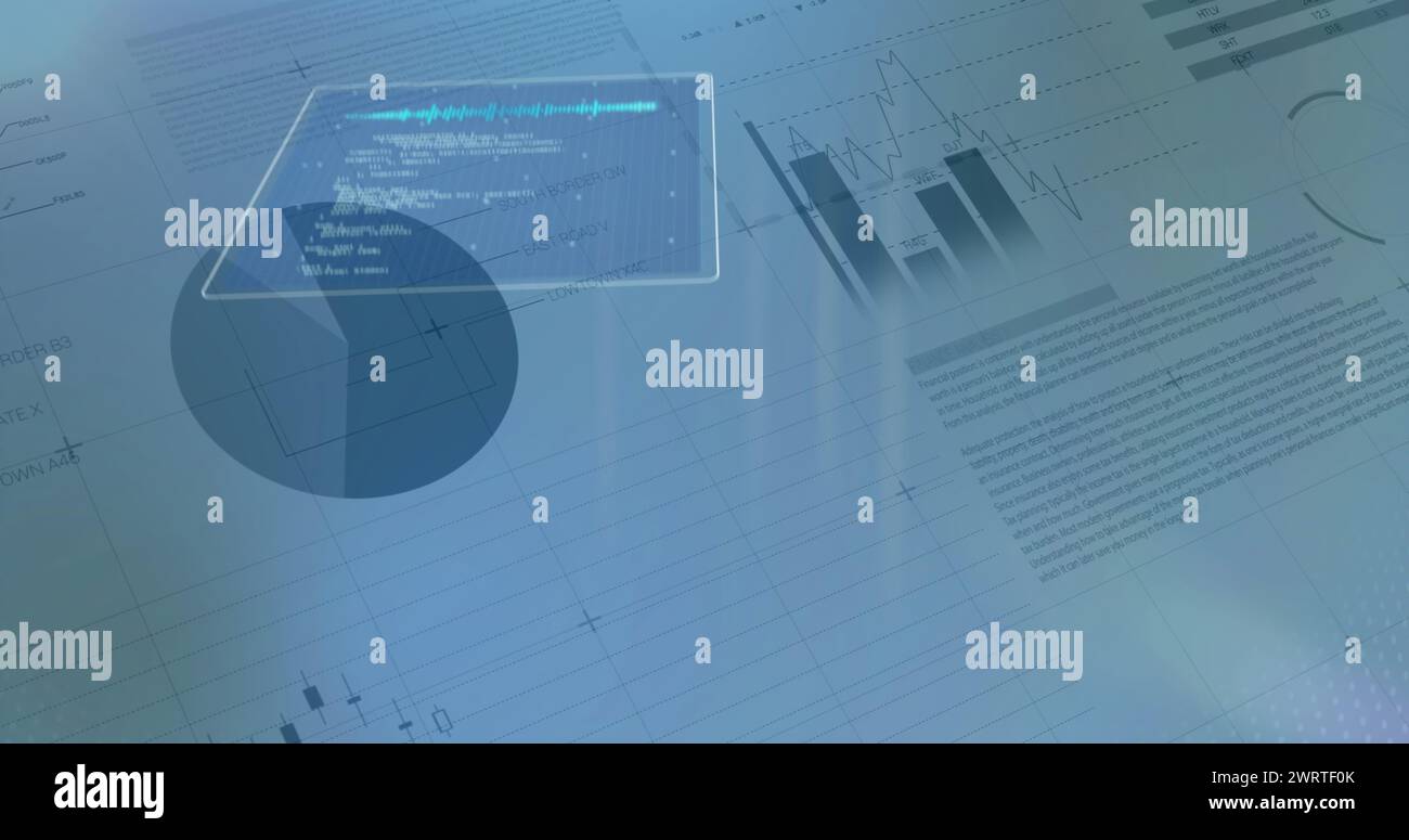 Image of scope scanning and financial data processing over screens and statistics Stock Photo ...