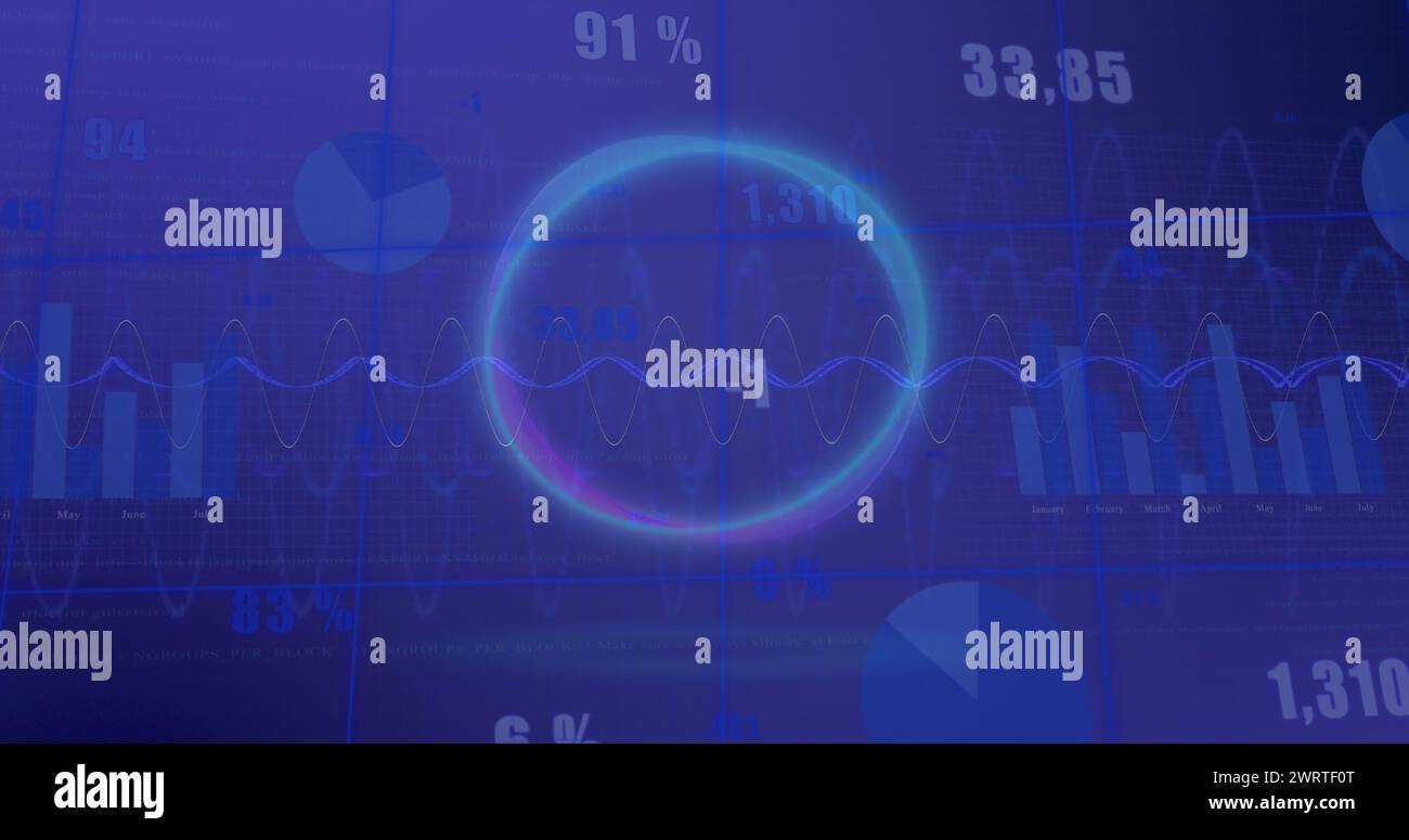 Image of circle over multiple graphs and changing numbers against abstract background Stock ...