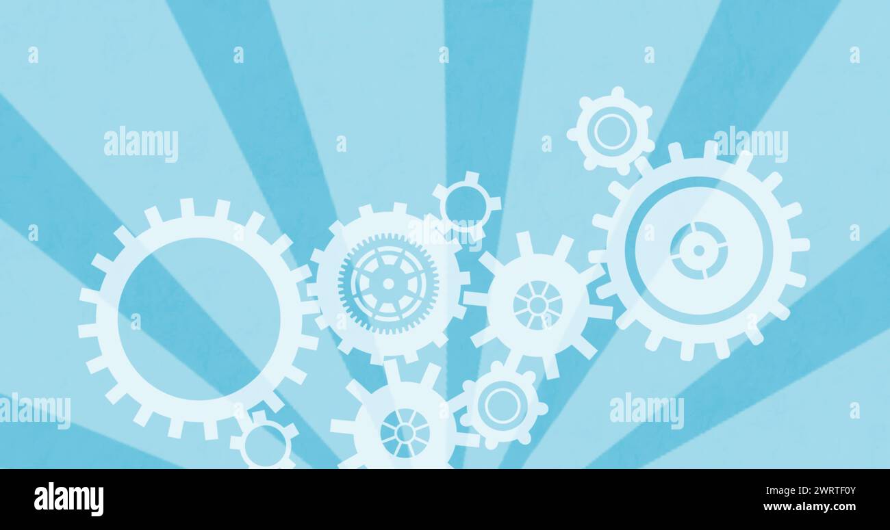 Image of rotating cogs over blue bright vibrant stripes moving in ...