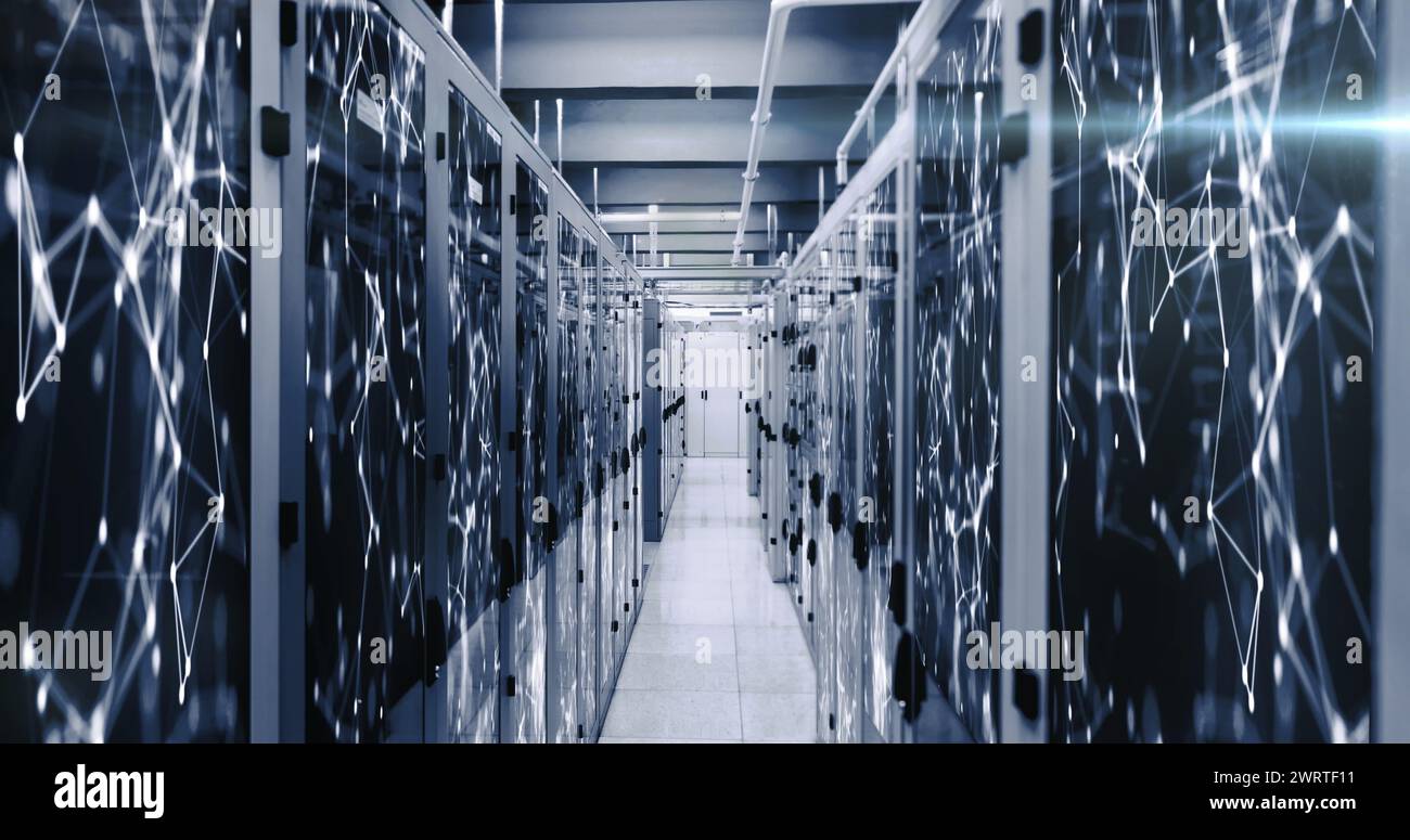 Image of multiple icons over connected dots on data server racks in ...