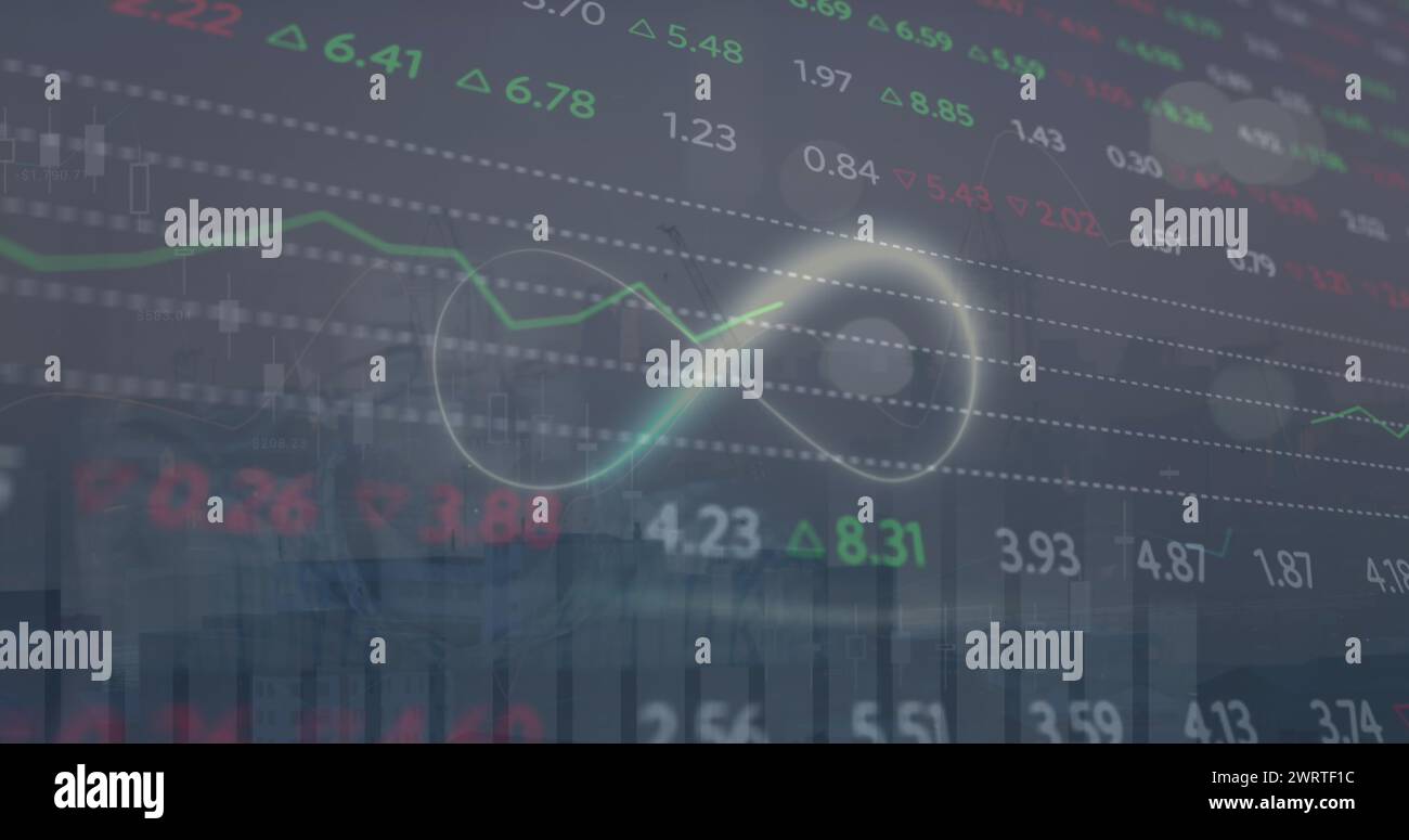 Image of infinity symbol, trading board and multiple graphs over modern ...