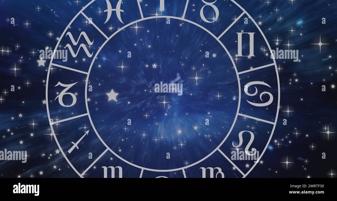 Composition of aries star sign symbol in spinning zodiac wheel over ...