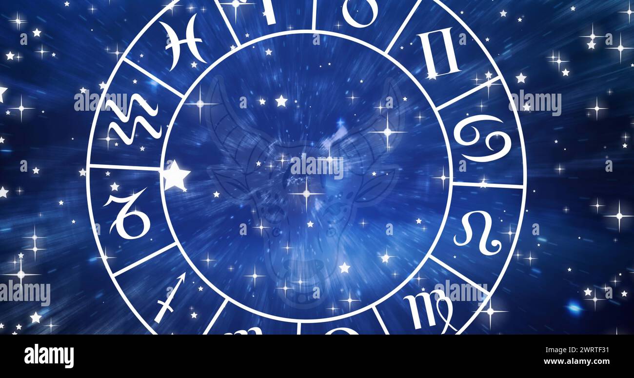 Composition of taurus star sign symbol in spinning zodiac wheel over ...