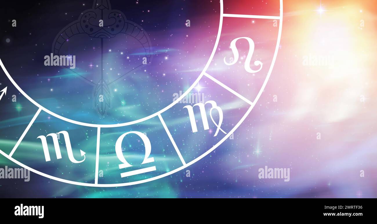 Composition of sagittarius star sign symbol in spinning zodiac wheel ...