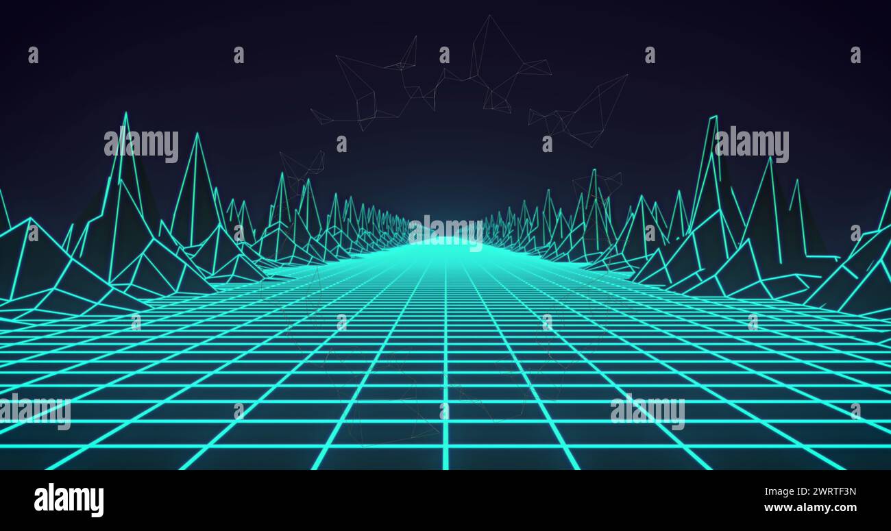 Digital image of neon green grid network and 3d structures against blue ...