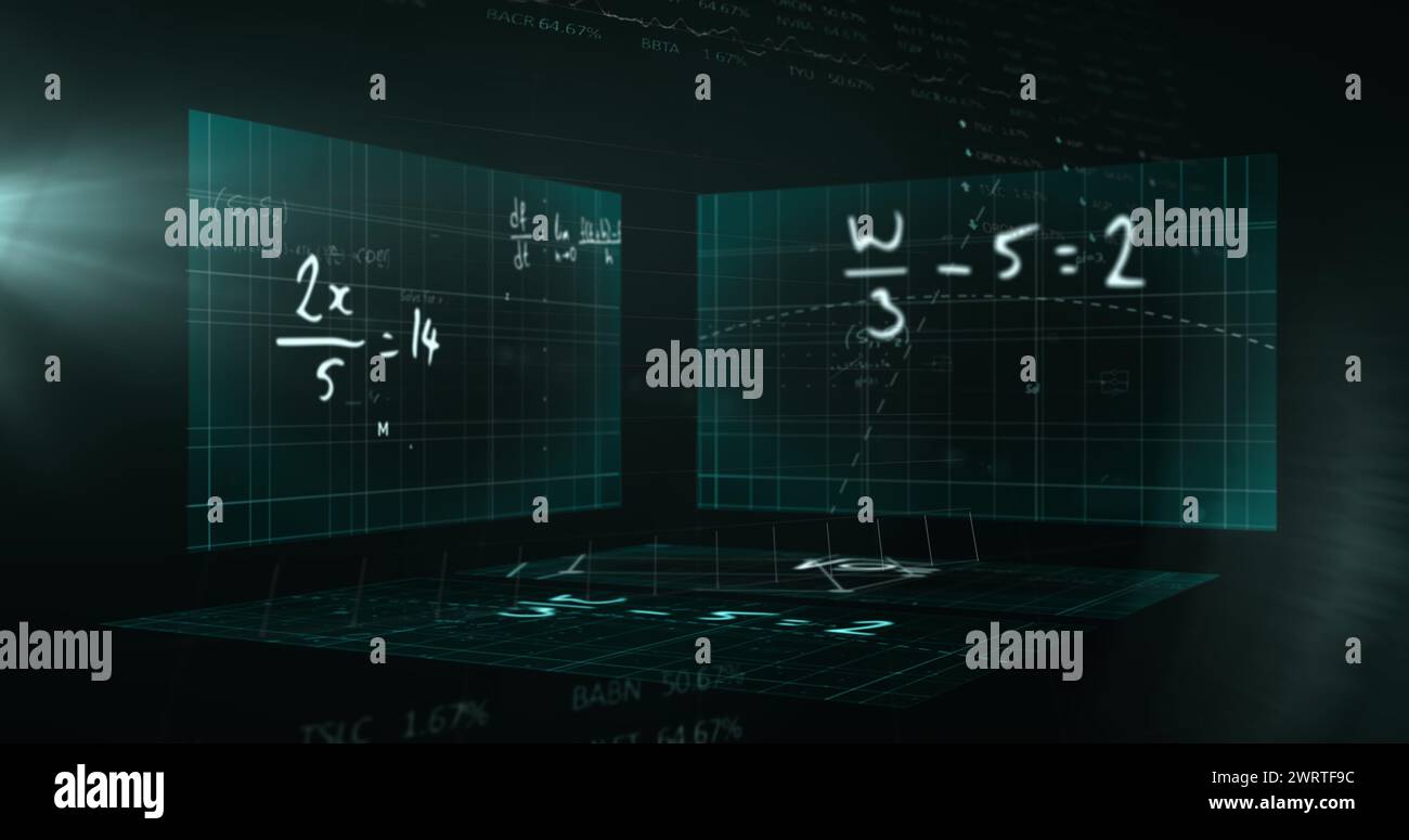 Image of mathematical equations and data processing on screens over ...