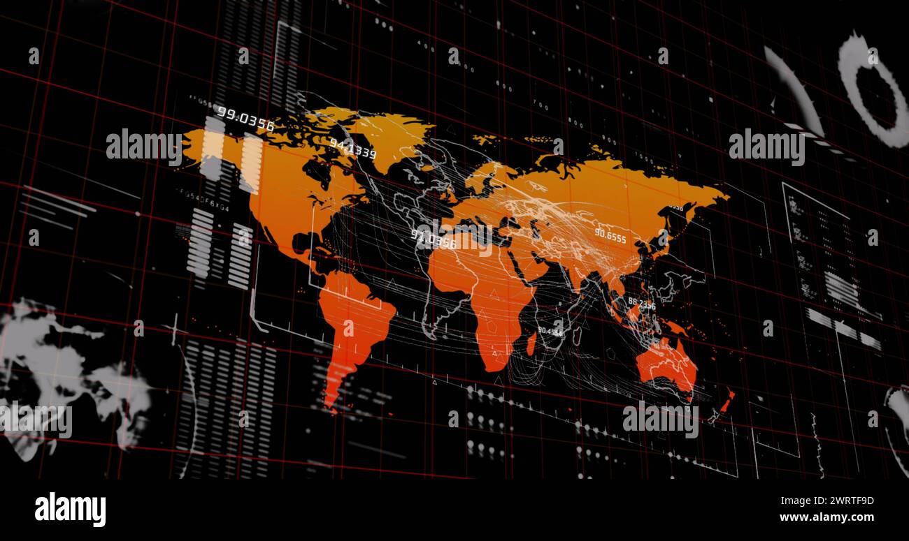 Image of graphs, data and world map on black digital screen Stock Photo ...