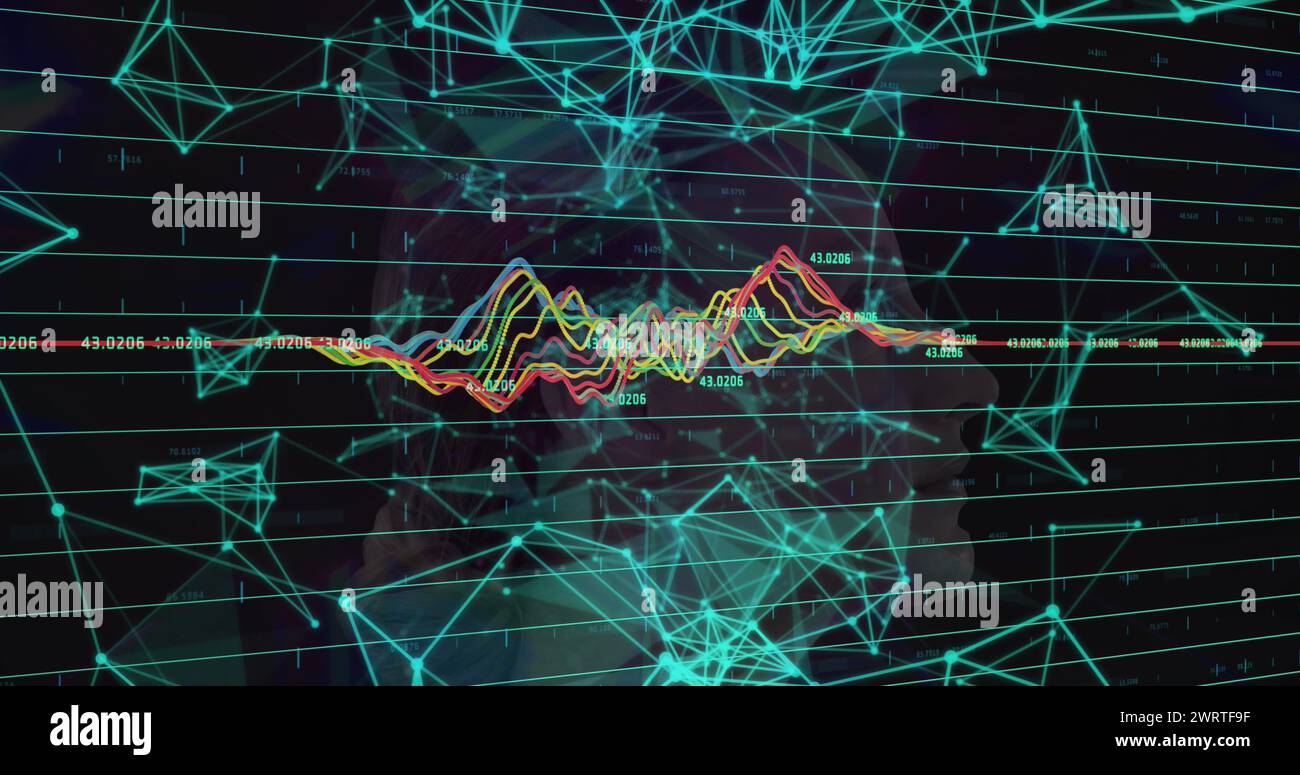 Image of plexus networks and data processing over caucasian woman face against tunnel Stock ...