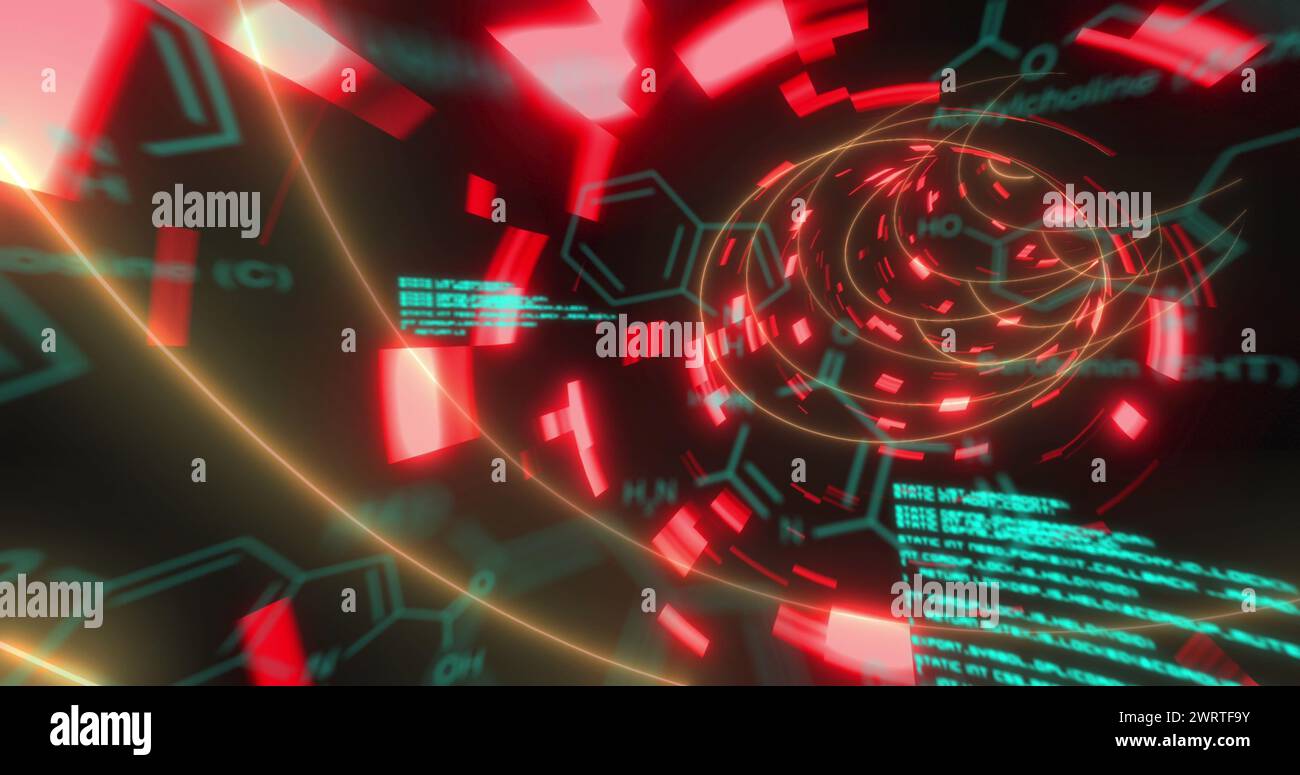 Image of data processing and chemical formulas over black background ...
