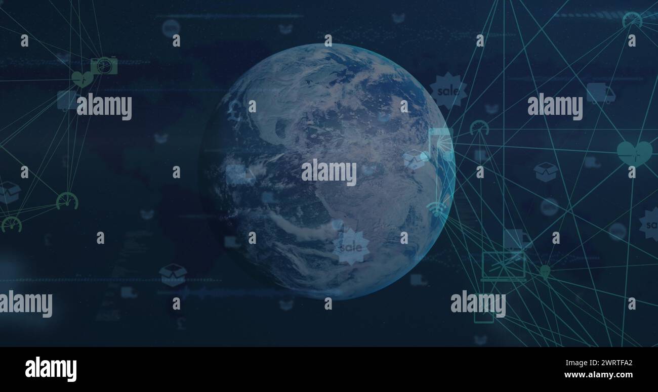 Image of two globes of digital icons spinning over globe against blue ...