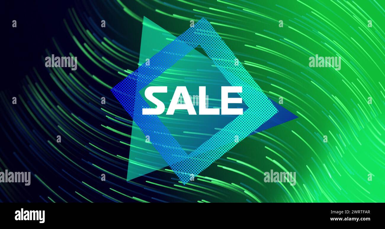 Image of sale over square and black and green background with lines ...