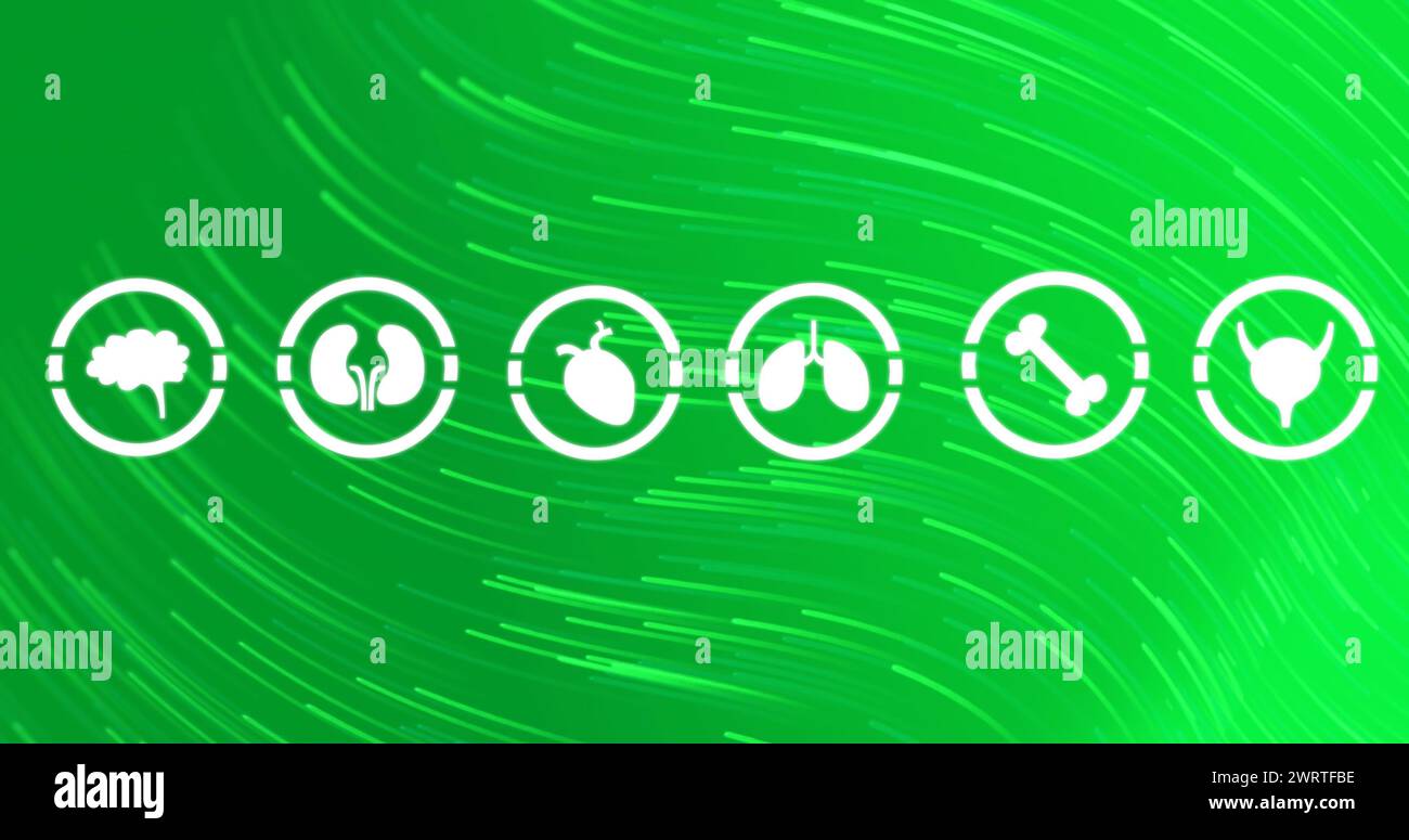 Image of medical structures in white circles over moving lines on green ...