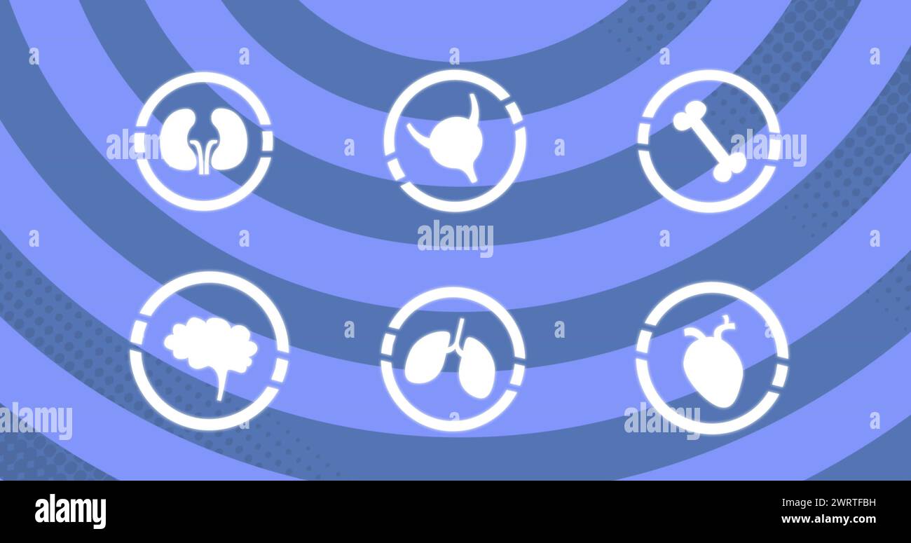Image of medical structures in white circles over striped moving blue ...