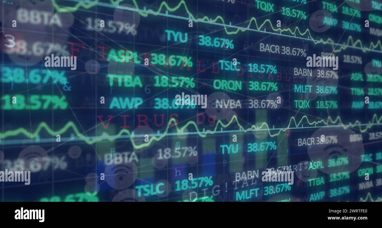 Image of stock market over network of connections with icons and data ...