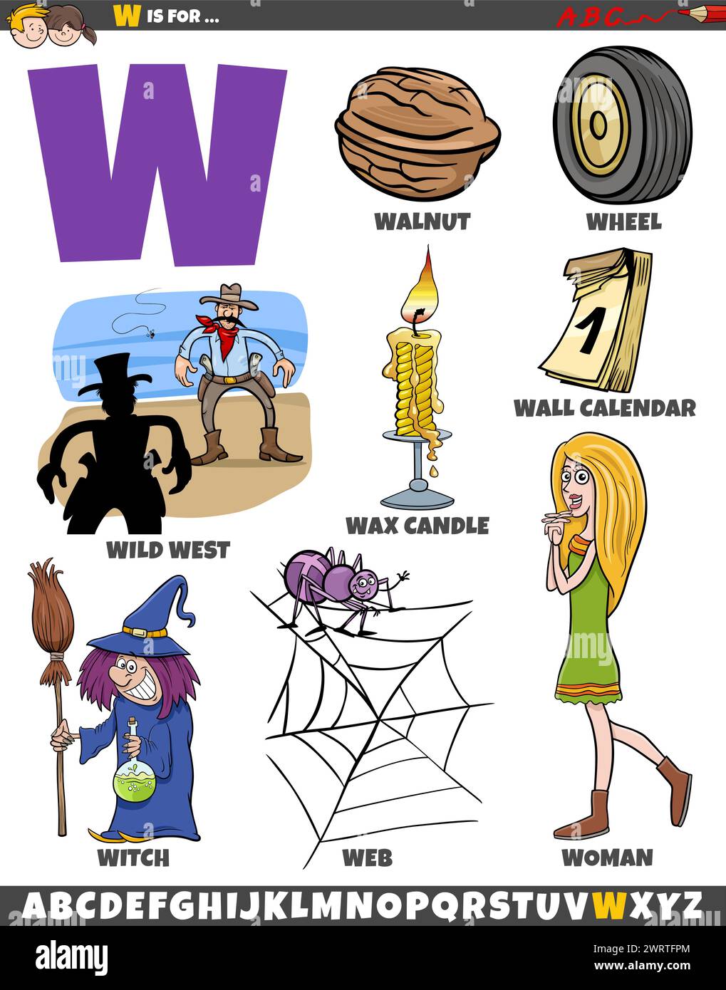 Cartoon illustration of objects and characters set for letter W Stock ...