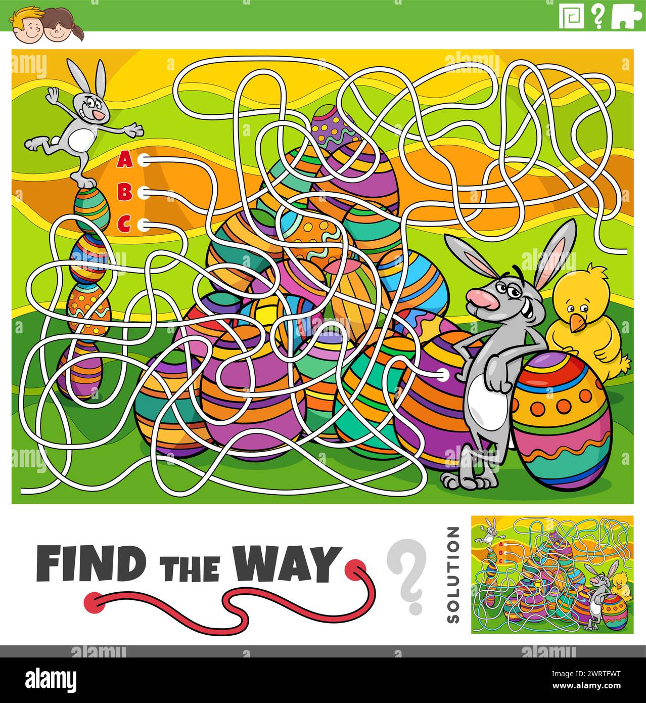 Cartoon illustration of find the way maze puzzle activity with Easter ...
