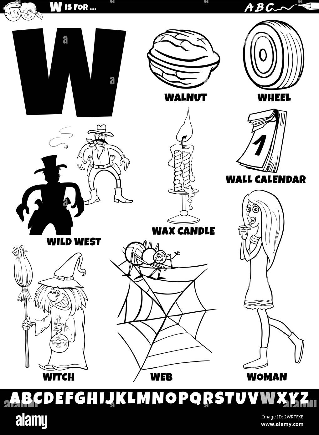 Cartoon illustration of objects and characters set for letter W ...