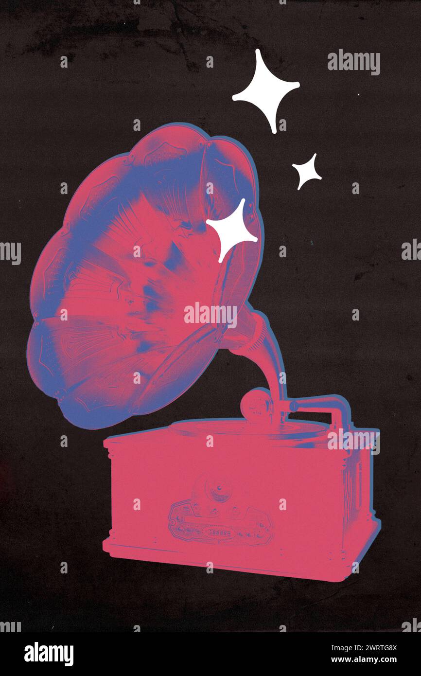 Colorful illustration of record player, gramophone in shades of pink ...