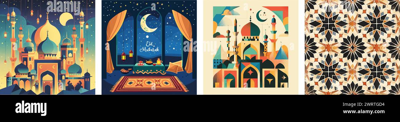 Ramadan Kareem. Eid Mubarak. Vector illustration of a city pattern with ...