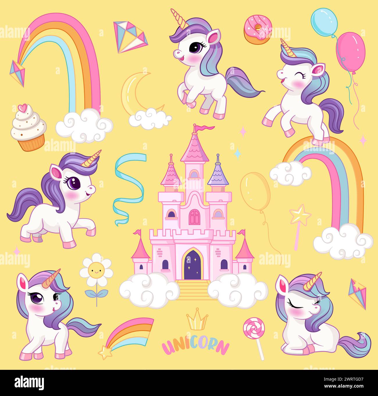 Vector unicorns set. Big collection for Unicorn Party with fairytale ...