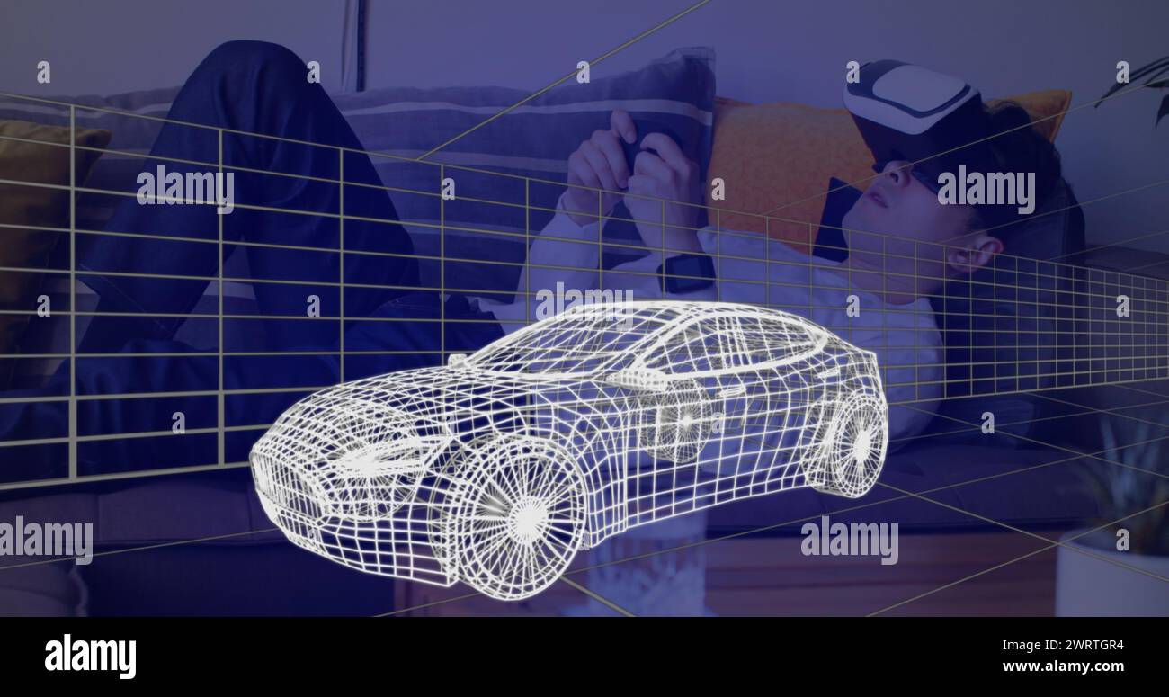 Image of 3d technical drawing of a car in white, with moving grid and a ...