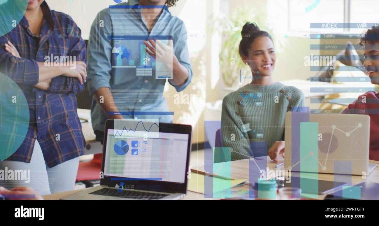 Image of infographic interface over diverse cheerful colleagues talking ...