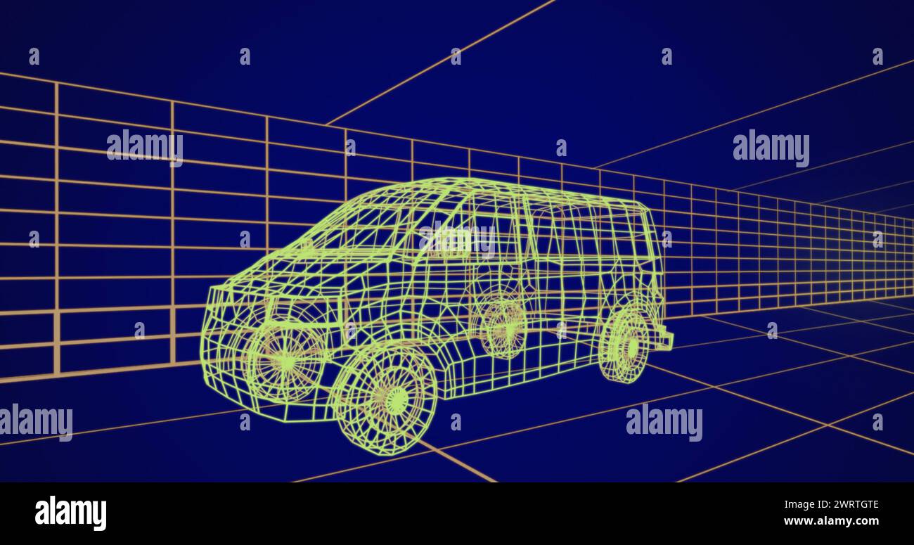 Image of 3d technical drawing of a van in yellow, with moving grid in ...