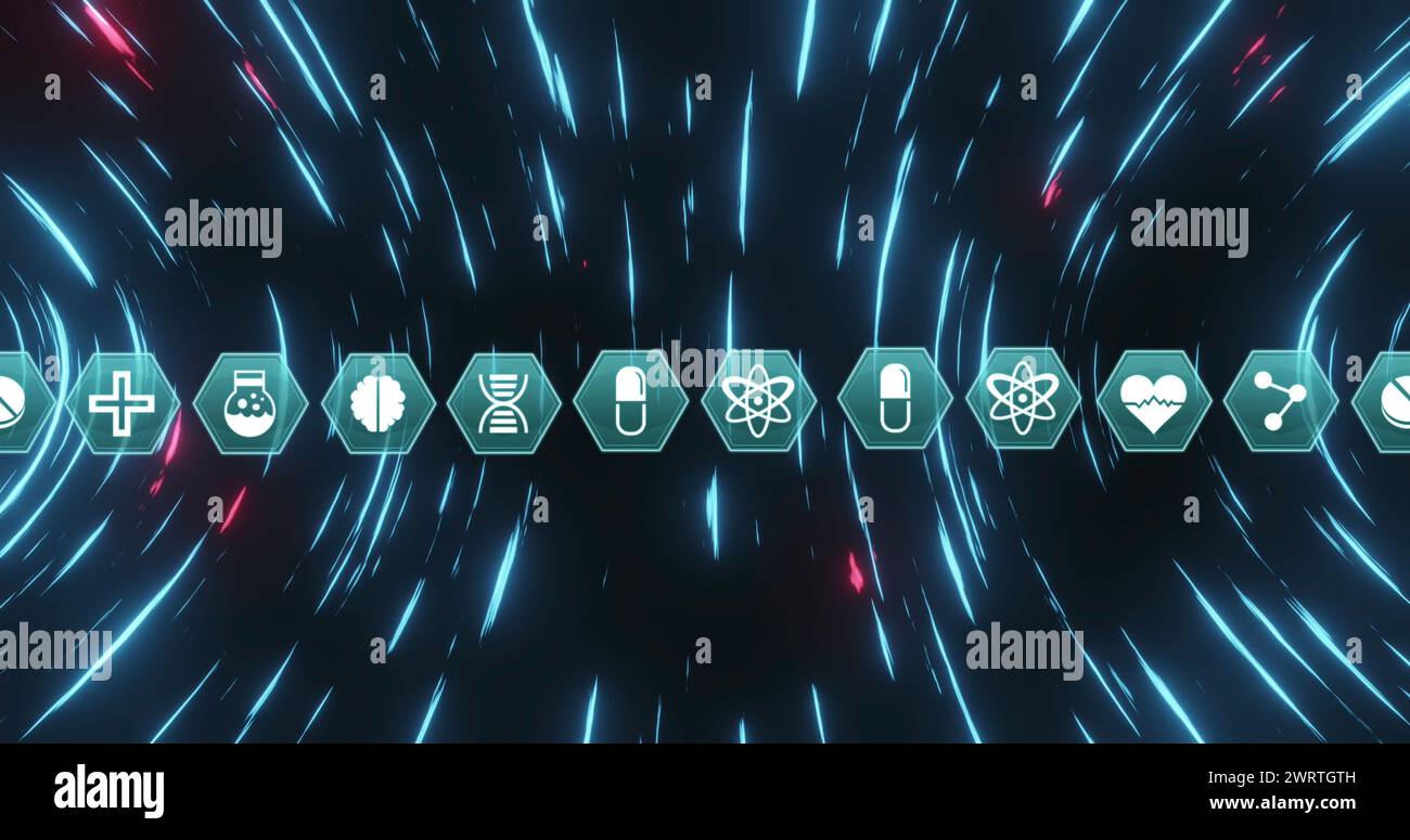 Image of multiple medical icons with digital interface moving over blue ...