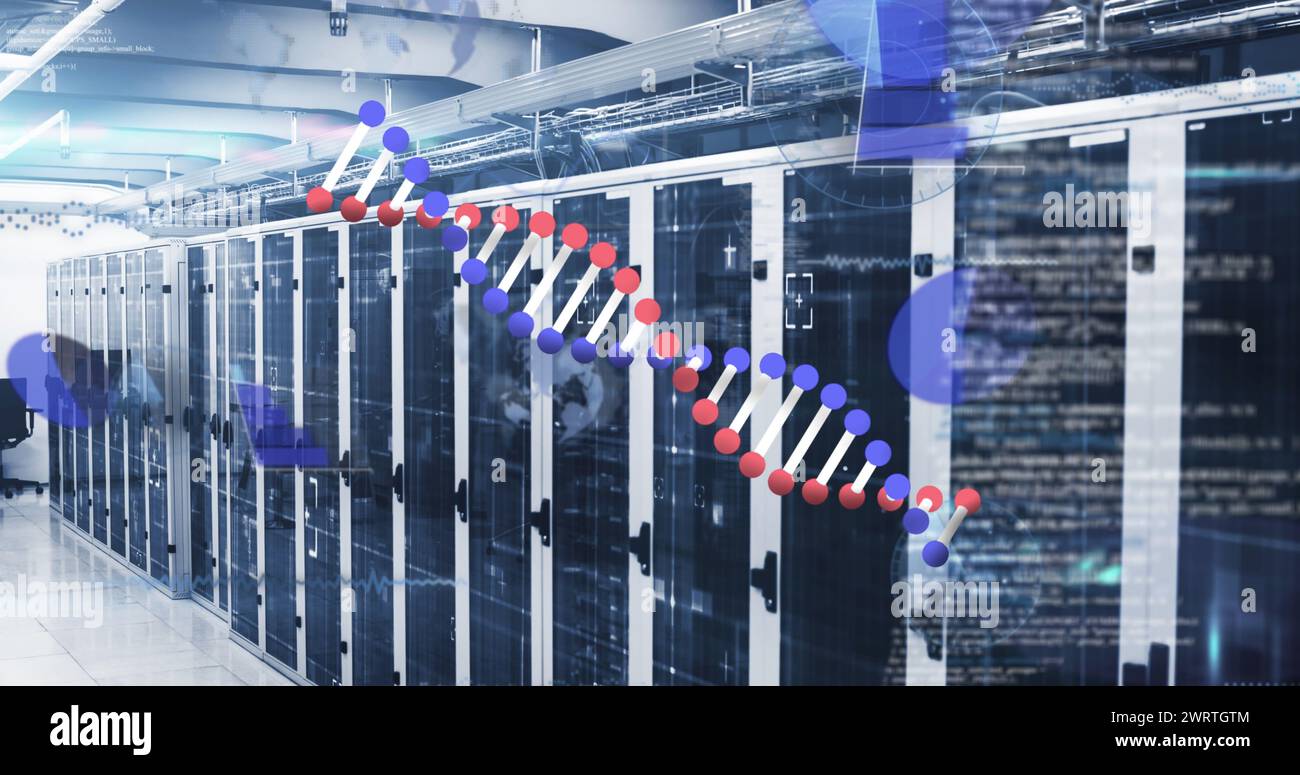 Image of dna strand spinning and data processing over computer servers Stock Photo - Alamy