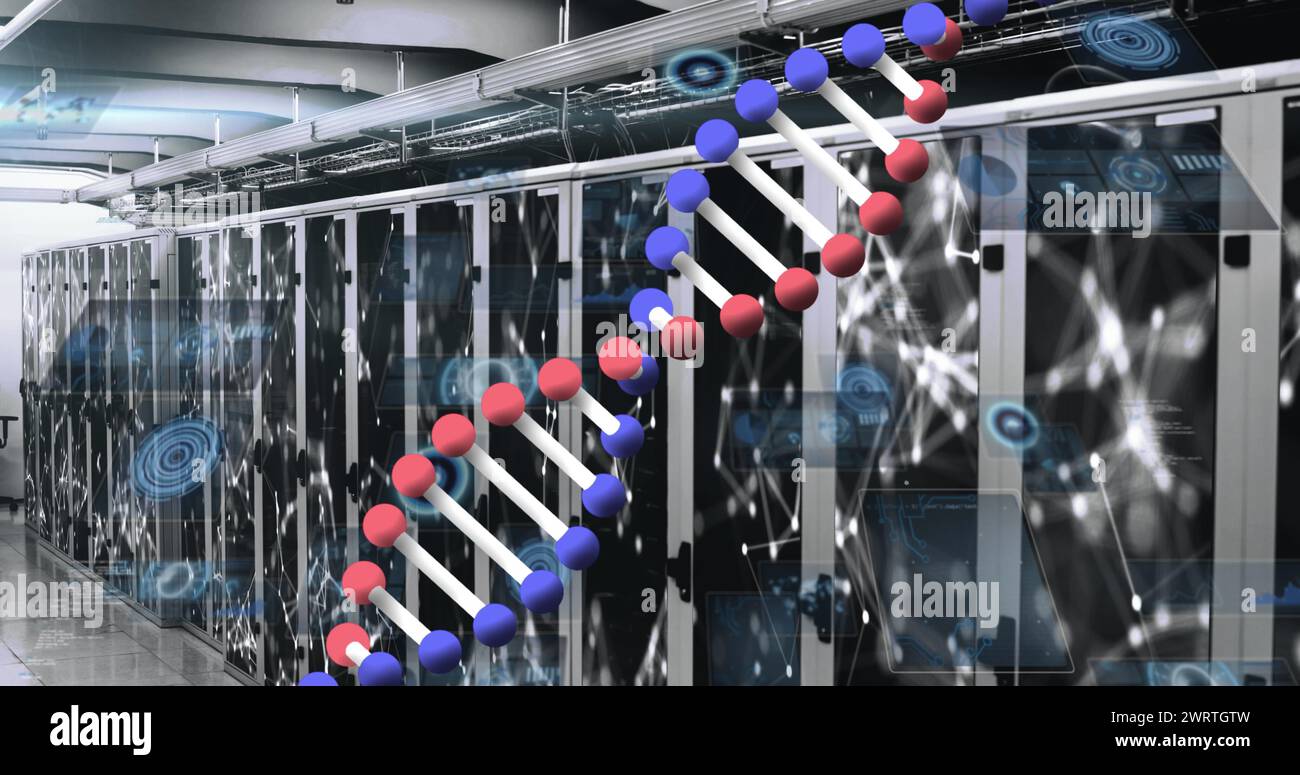 Image of dna strand spinning and data processing over strong man ...