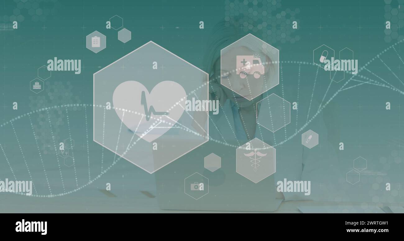 Image of DNA strand spinning and medical icons over female doctor ...