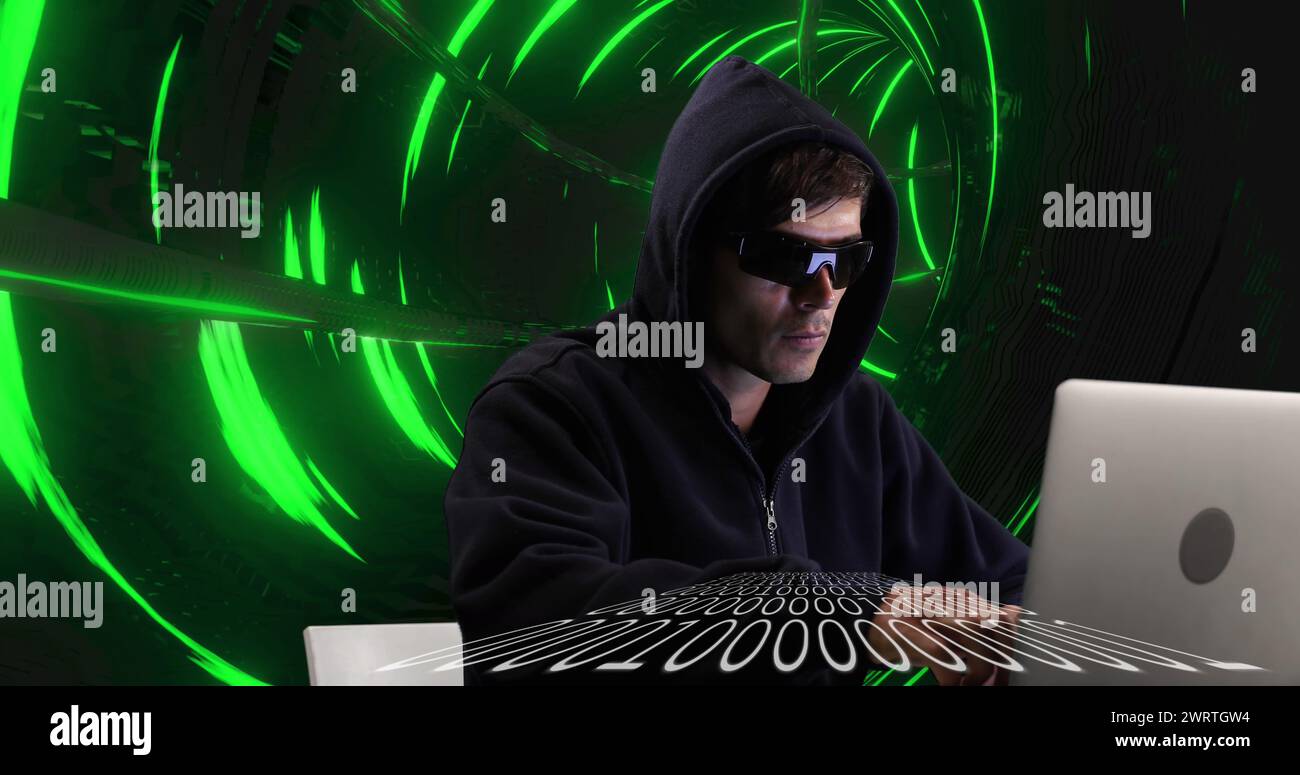 Image of digital interface with male hacker in hooded top and ...