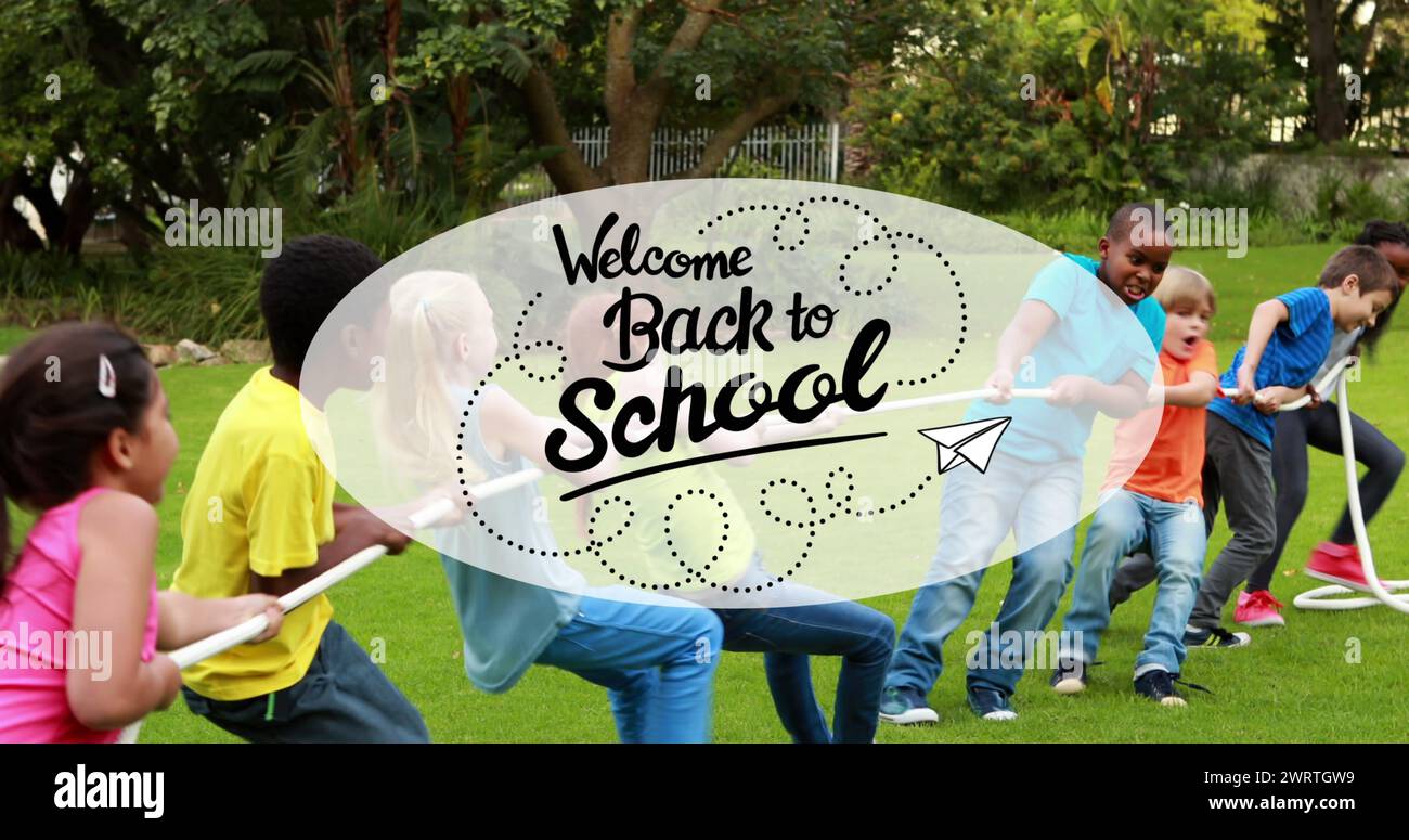 Image of back to school text over children playing Stock Photo - Alamy