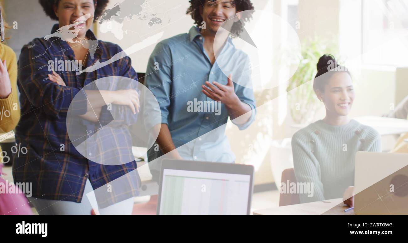 Image of infographic interface and happy diverse colleagues talking and ...