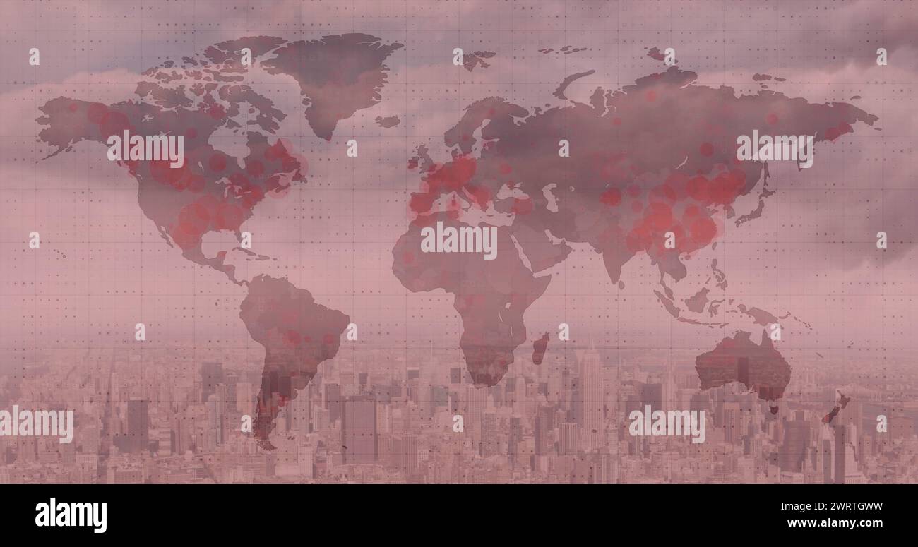 Image of world map with red covid 19 pandemic points over cityscape on ...