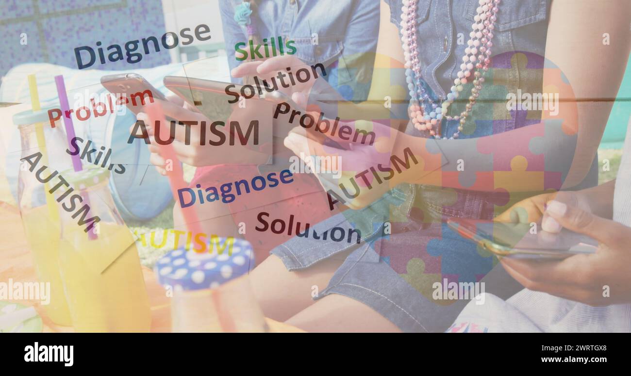 Image of colourful puzzle pieces heart and autism text over friends ...